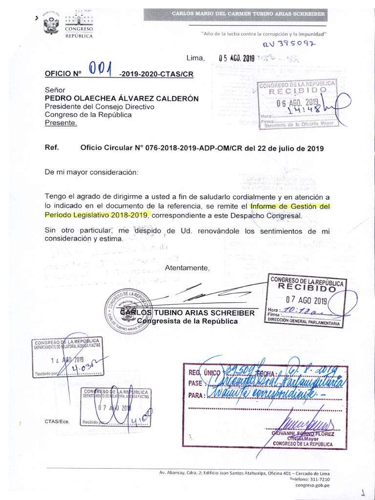 Oficio 001 2019 2020 Ctas Cr. | PDF | Ministerio (Departamento de Gobierno) | Perú