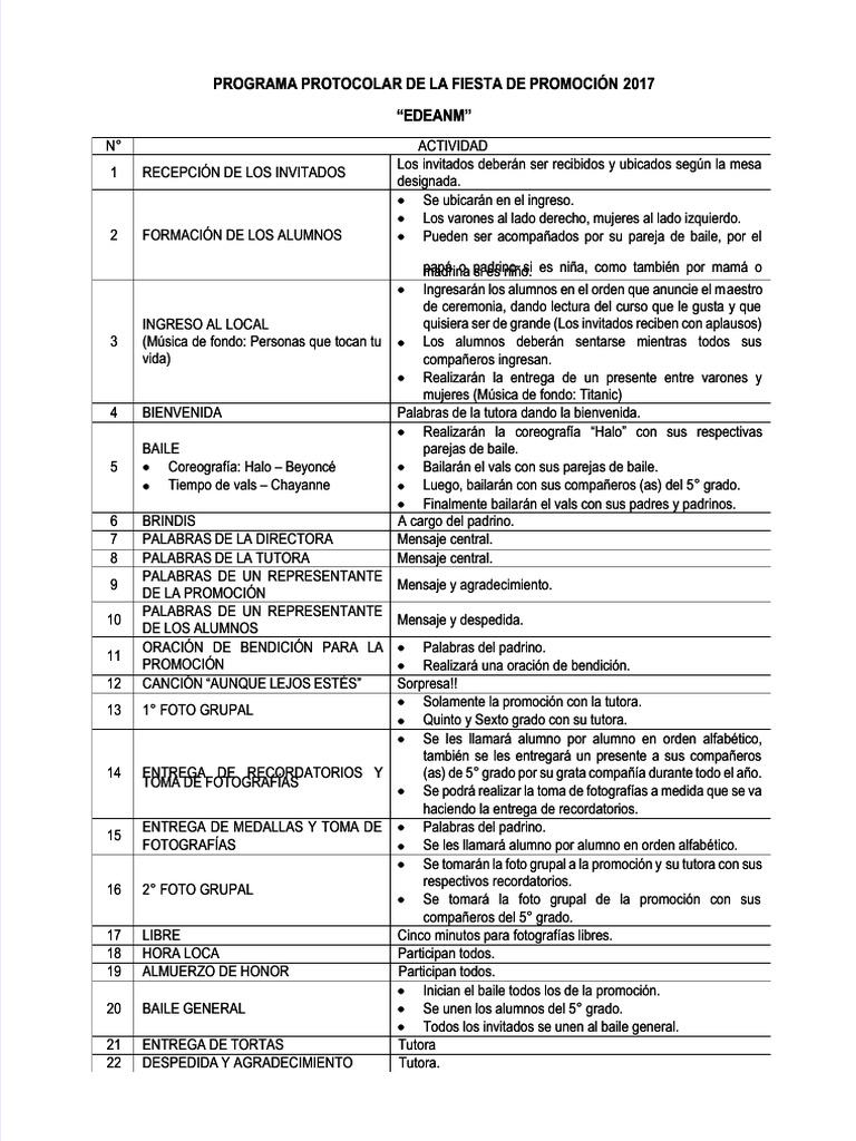 PDF Programa Protocolar de La Fiesta de Promocion - Compress | PDF