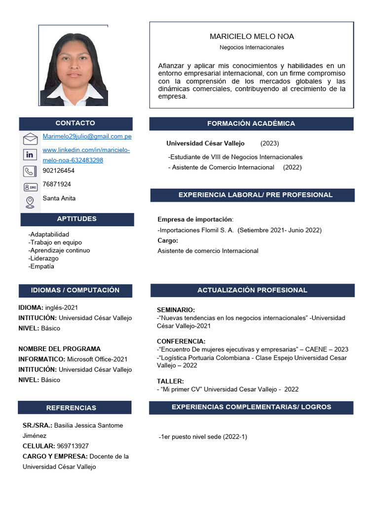 Examen Parcial 1 Tutoria Maricielo Melo Noa (Formato Cv ) | PDF | Business | Economias