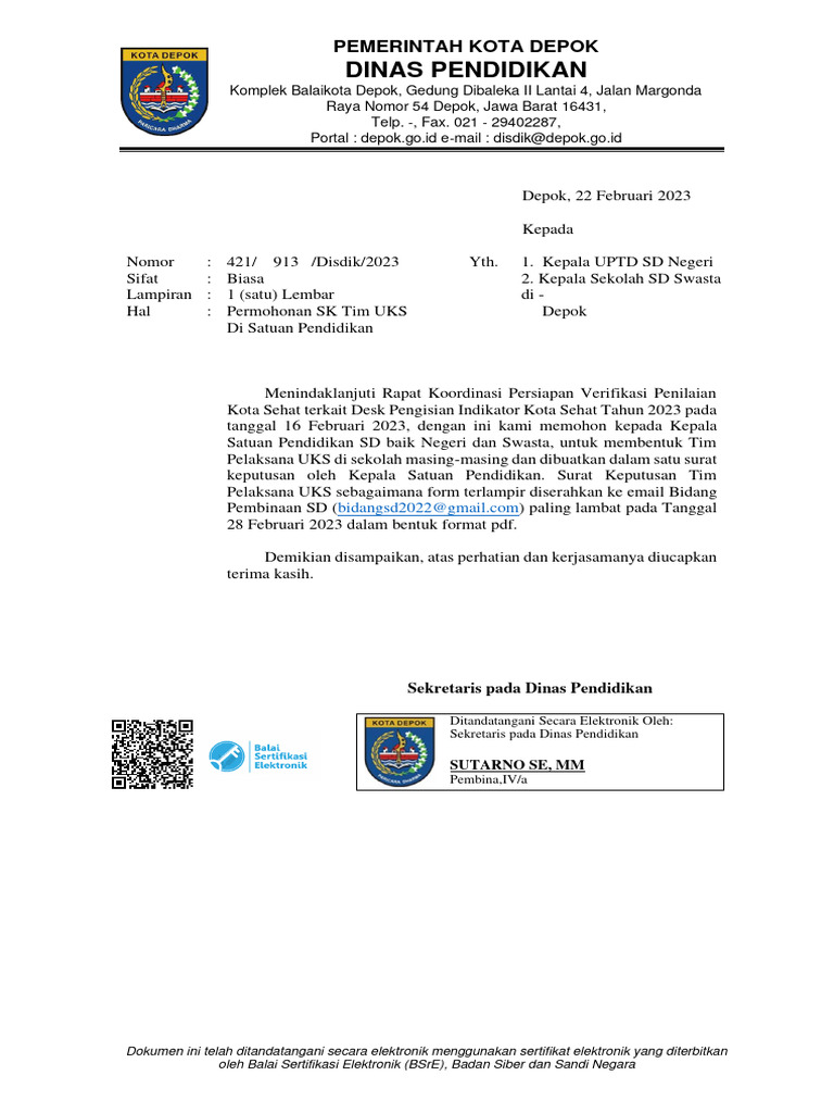 Surat Permohonan SK Tim Uks Dan Contoh SK | PDF | Sains & Matematika