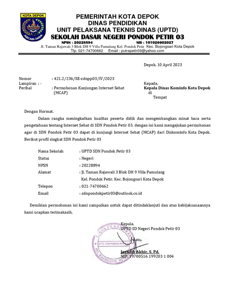 Permohonan Kunjungan Internet Sehat SDN 03 | PDF