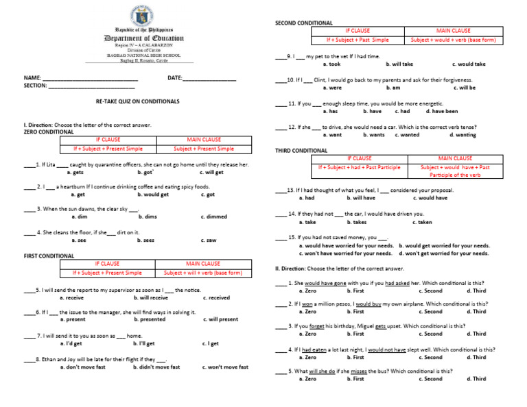 Conditional Quiz and Worksheet | PDF | Language Mechanics | Syntax