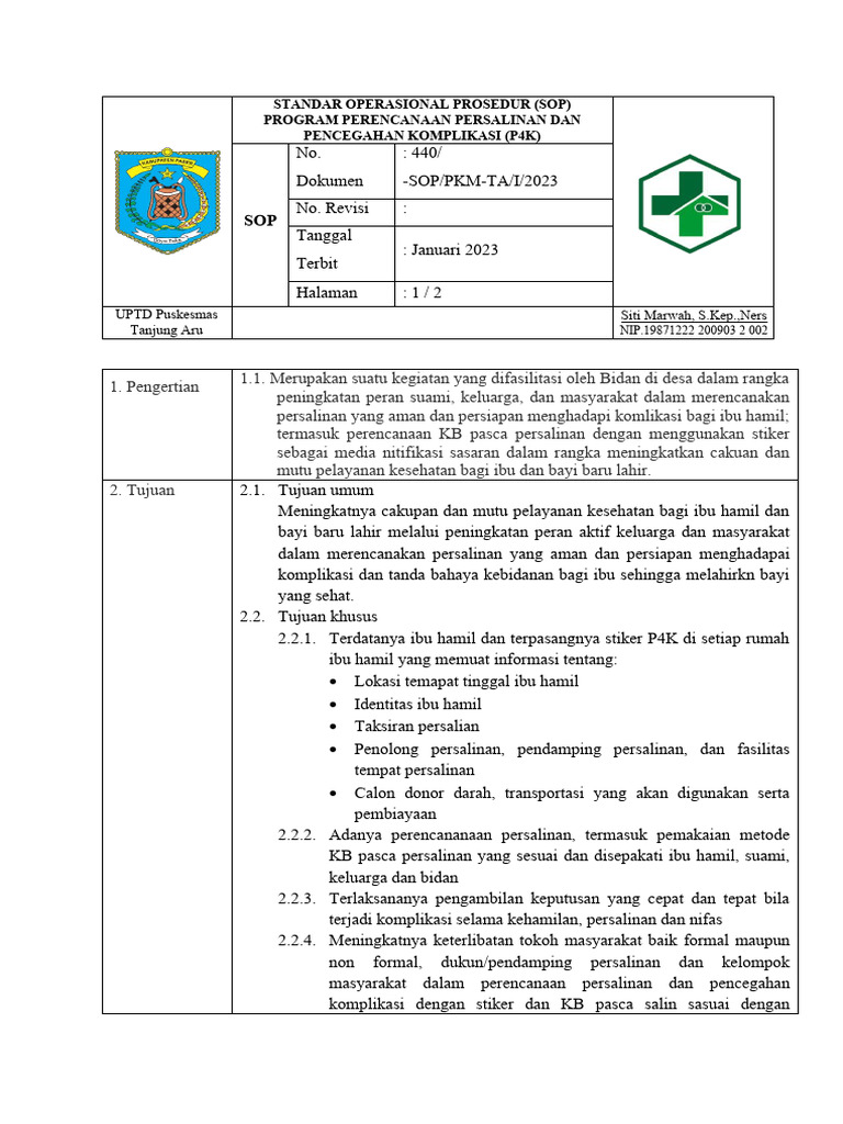 Sop Program Perencanaan Persalinan Dan Pencegahan Komplikasi (P4K) | PDF