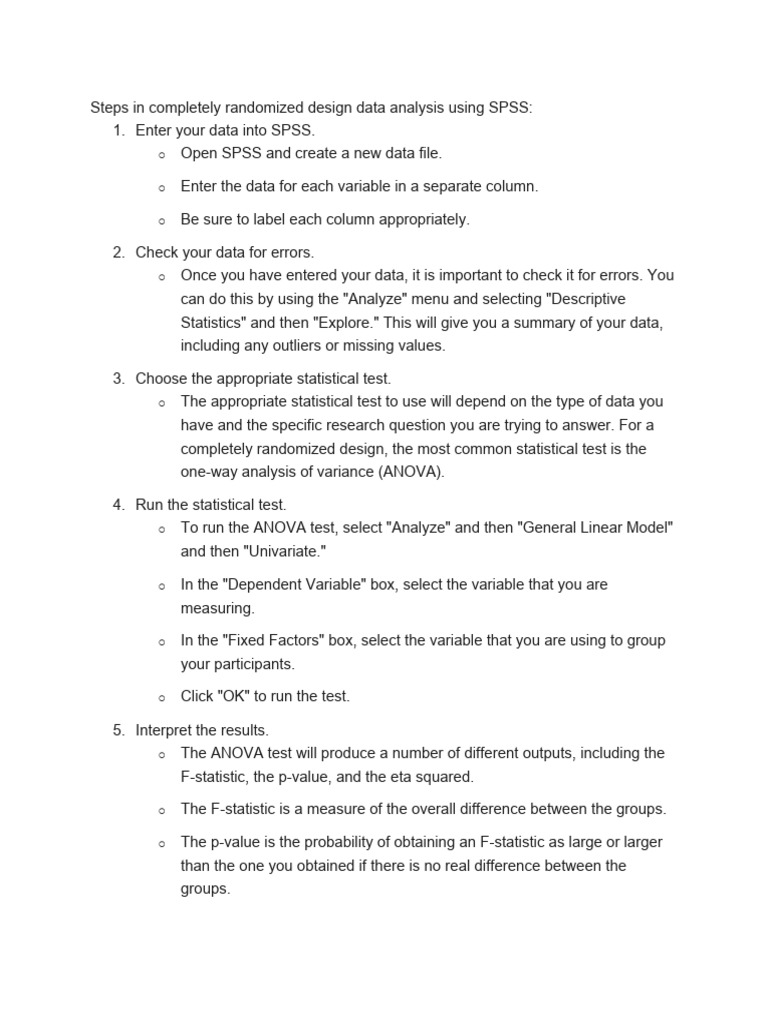 Steps in Completely Randomized Design Data Analysis Using SPSS | PDF