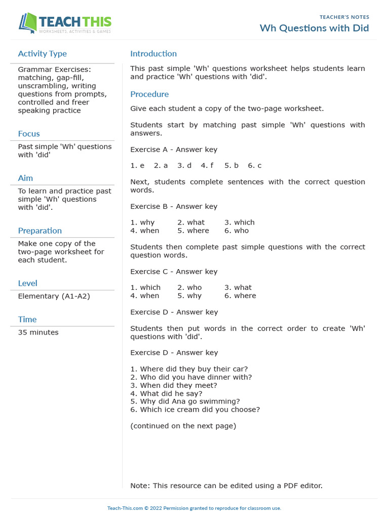 WH Questions With Did - TEACHER | PDF | Question
