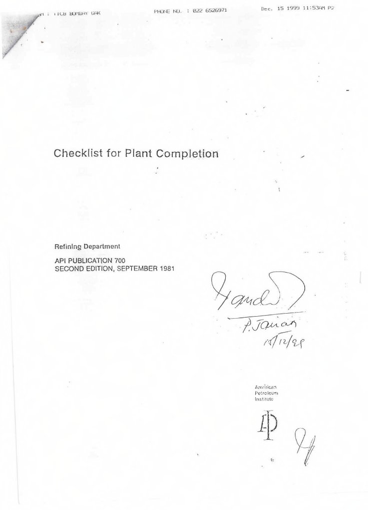 API 700 - Checklist For Plant Completion | PDF