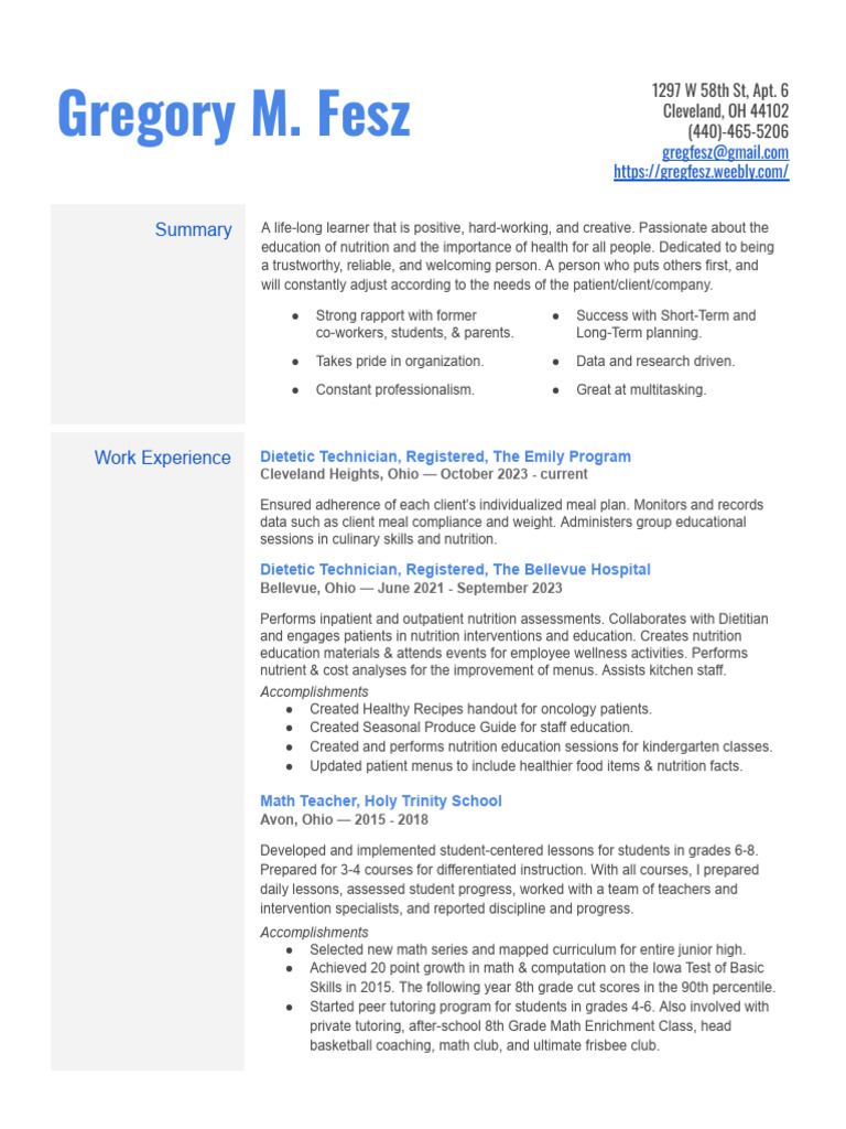Greg Fesz Resume 2023 | PDF | Dietitian