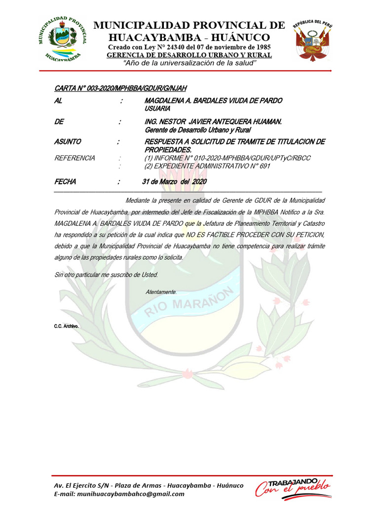 CARTA N° 003 - NO SE ENVIO-SE CAMBIO X INFORME | PDF