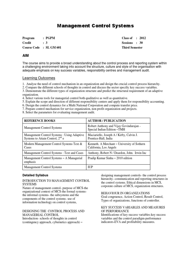 Management Control System | PDF | System | Profit (Accounting)