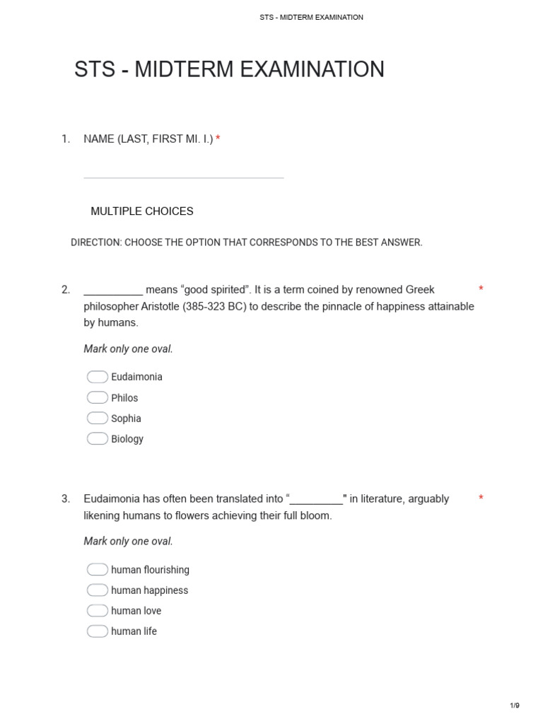 Sts - Midterm Examination - Google Forms | PDF | Happiness | Aristotle