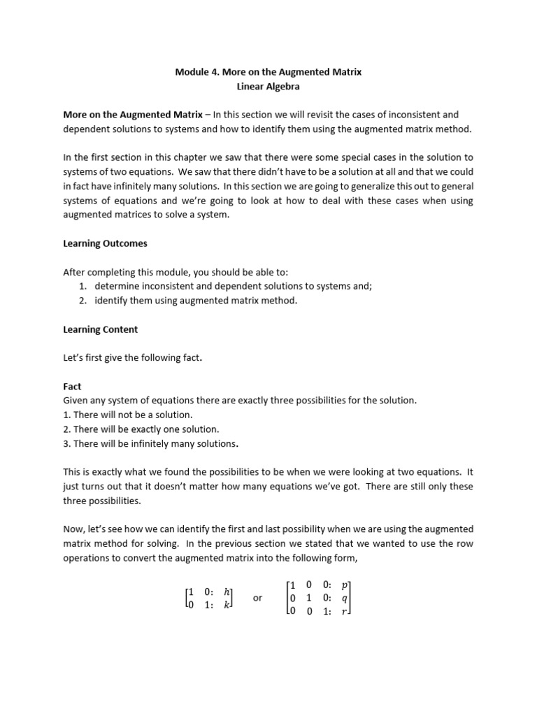 Module 1d More On The Augmented Matrices | PDF | Matrix (Mathematics) | Equations