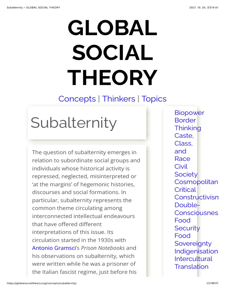 Subalternity - GLOBAL SOCIAL THEORY | PDF | Social Inequality ...