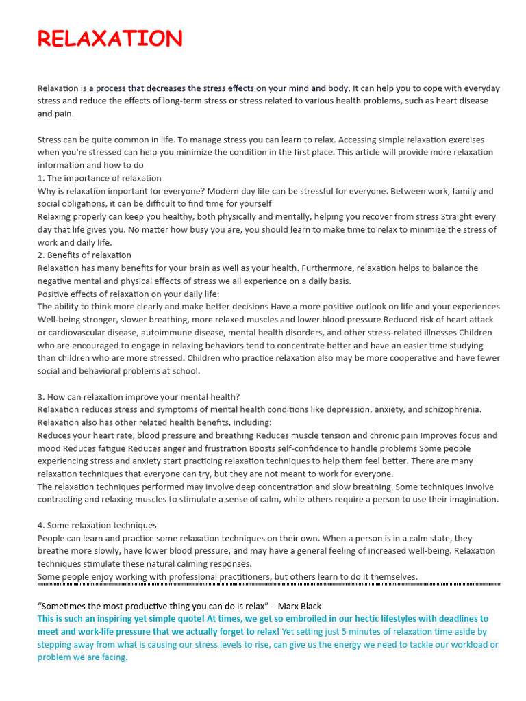 RELAXATION | PDF | Relaxation (Psychology) | Stress (Biology)