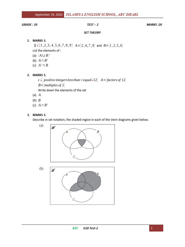Grade 10 Set Theory Test Questions | PDF