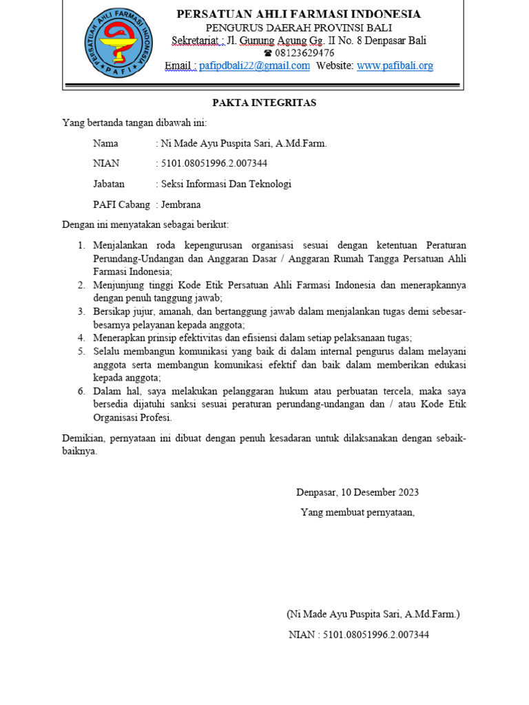 Formulir PAKTA INTEGRITAS PAFI BALI | PDF