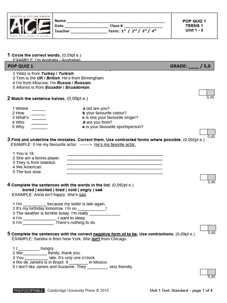 Teens 1 - Pop Quiz 1 - 1ST Term - 2023ok | PDF