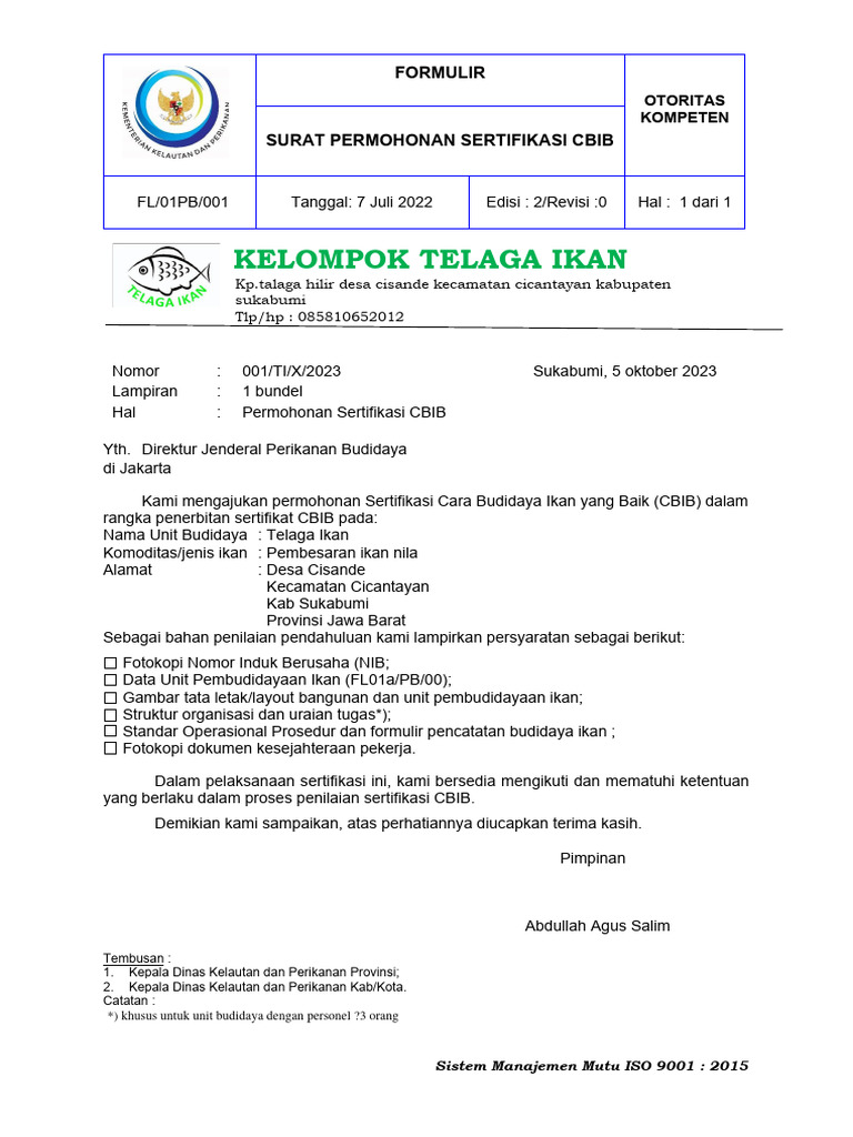 FL - 01 Form Permohonan Sertifikasi CBIB-1 | PDF