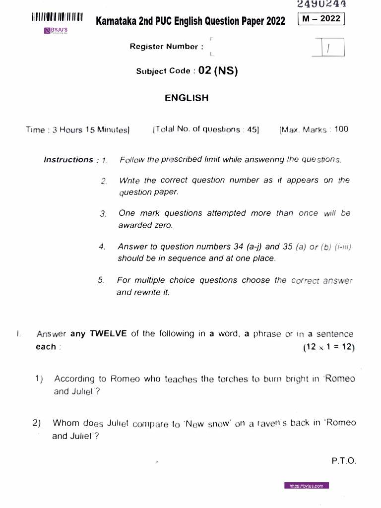 Karnataka 2nd PUC English Question Paper 2022 | PDF | River | Water