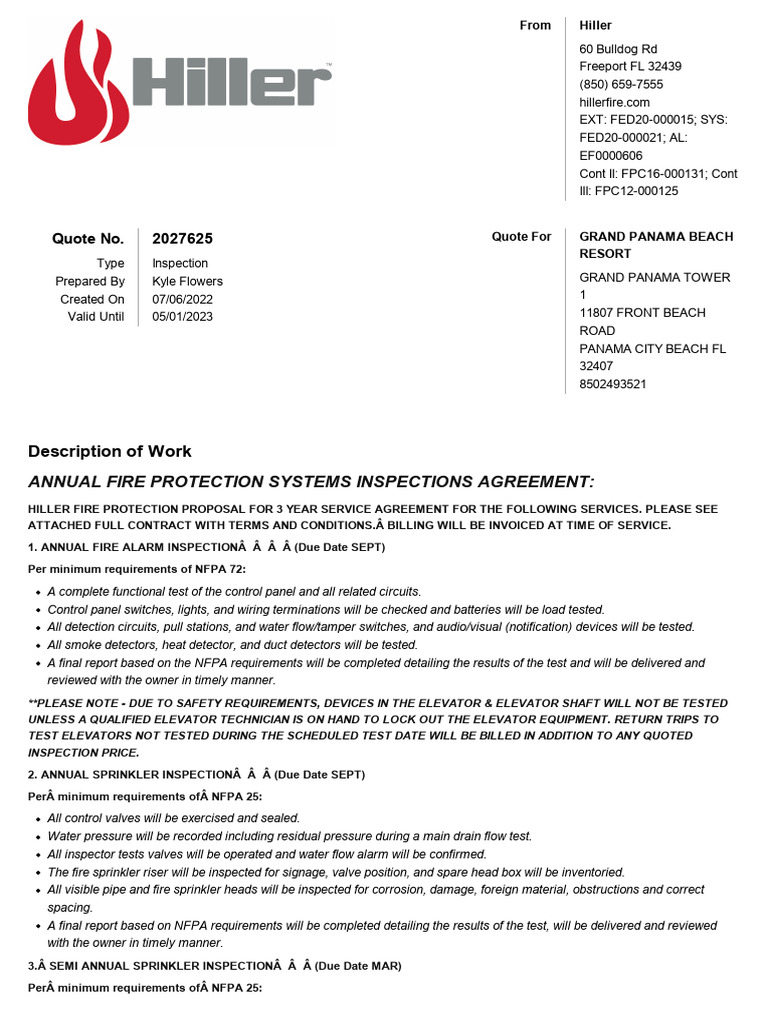 Annual Fire Protection Inspection Agreement | PDF | Pump | Indemnity