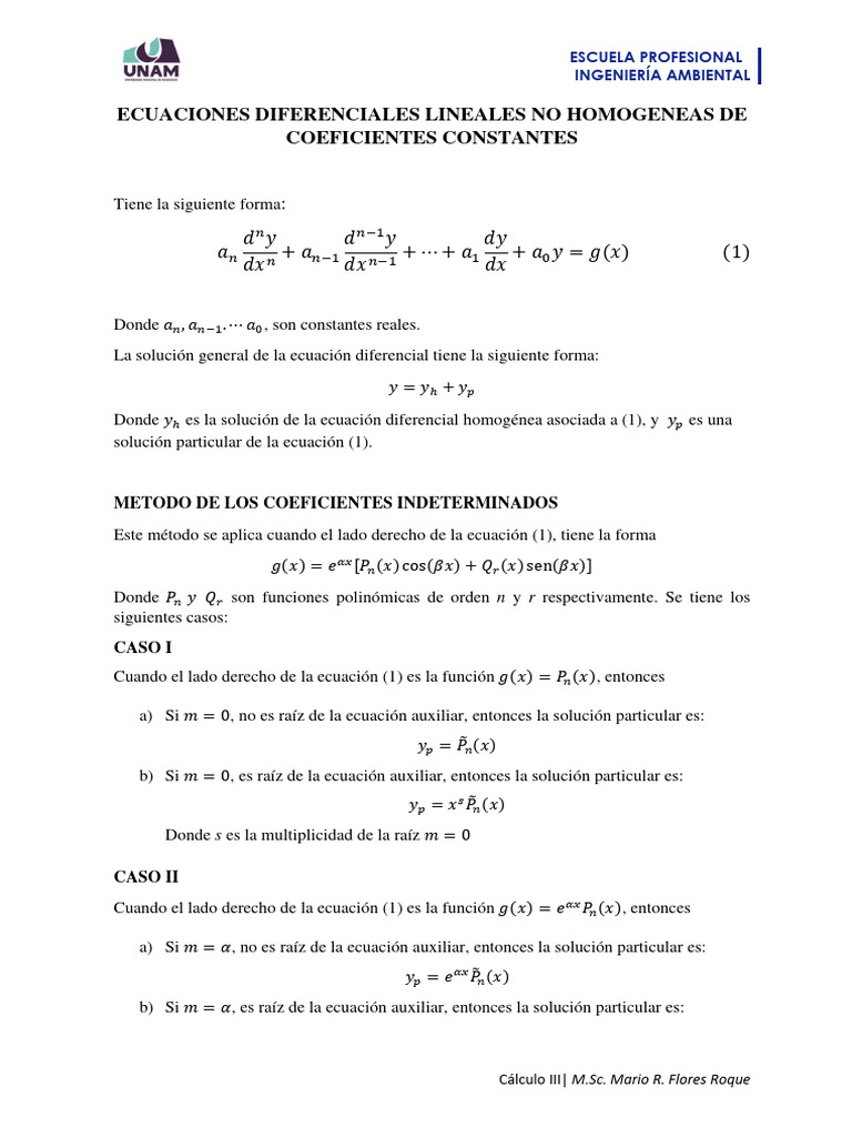 Ecuaciones Diferenciales Lineales No Homogeneas de Coeficientes ...