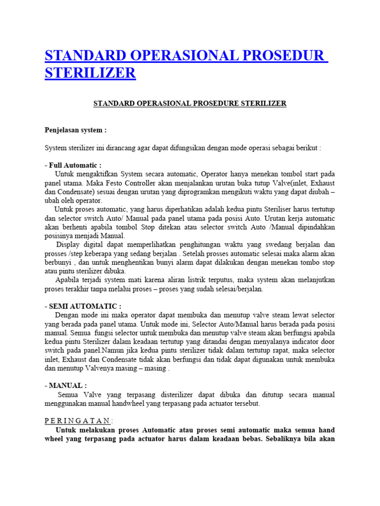 STANDARD OPERASIONAL PROSEDUR STERILIZER | PDF