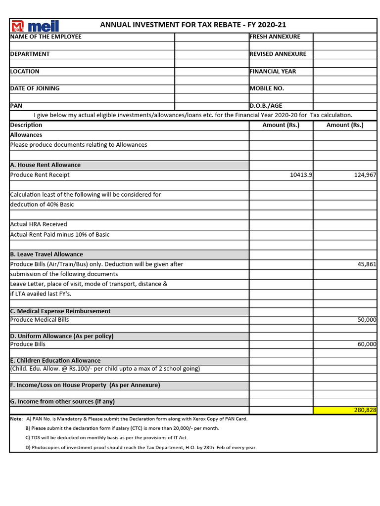 Tax Declaration Form for FY 2020-21 | PDF