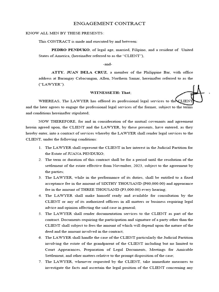 Engagement Contract Sample | Download Free PDF | Lawyer | Judiciaries