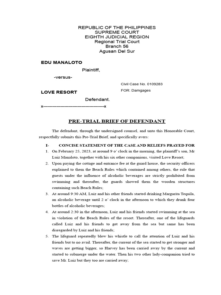 Pre-Trial Brief Sample | PDF | Negligence | Damages