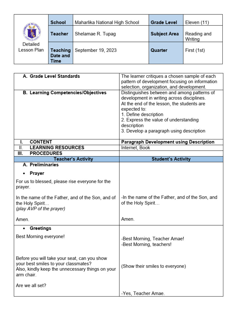 Paragraph Development Lesson Plan | PDF | Adverb | Teachers