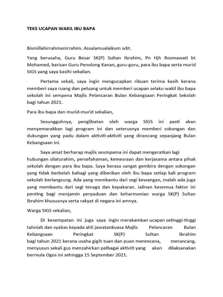 TEKS UCAPAN WAKIL IBU BAPA | PDF