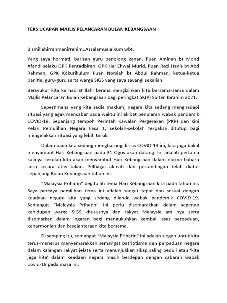 Teks Ucapan Majlis Pelancaran Bulan Kebangsaan 2021 | PDF