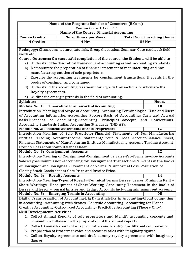 1stSemFA2023-24 - B.com - Revised Syllabus 2023-24 | PDF | Accounting ...