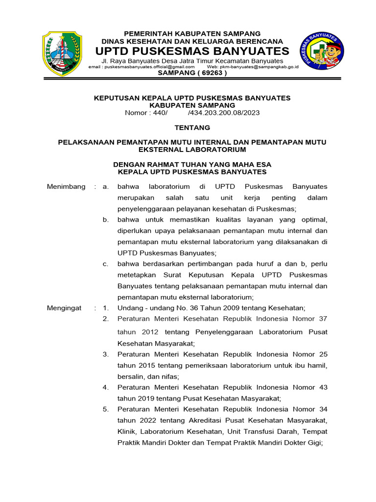 SK Pelaksanaan Pemantapan Mutu Internal Dan Pemantapan Mutu Eksternal Laboratorium | PDF