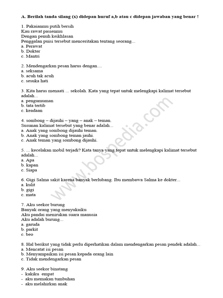 20 Contoh Soal Uts Bahasa Indonesia Kelas 2 Sd Mi Dan Kunci Jawaban Pdf