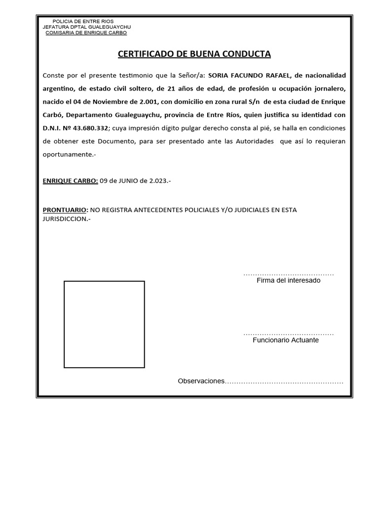 Certificado de Buena Conducta Entre Ríos | PDF | Cumplimiento de la ley ...