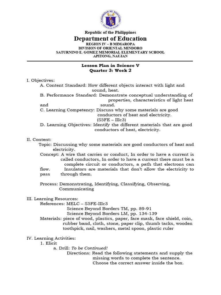 COT1 Science5 Lesson Plan 2021 | PDF | Insulator (Electricity) | Electrical Conductor