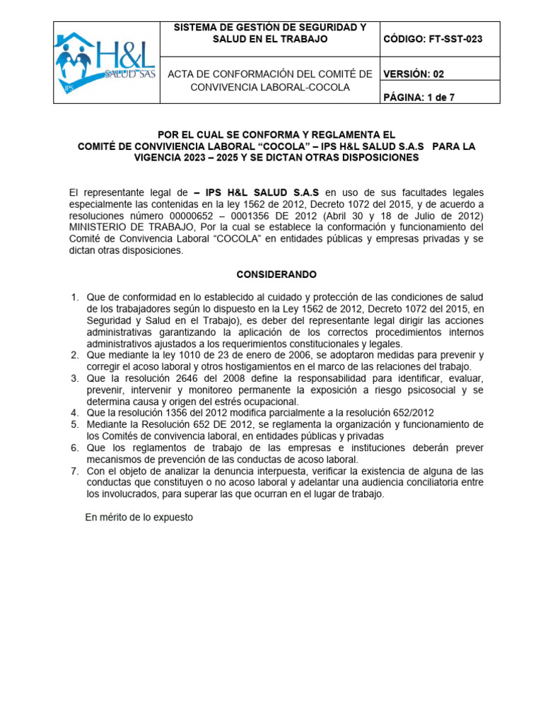 Comité de Convivencia Laboral 2023-2025 | PDF | Justicia | Crimen y violencia