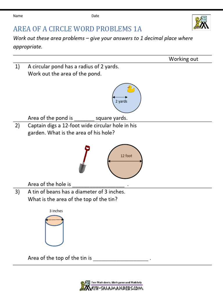 Area of A Circle Word Problems 1a | PDF