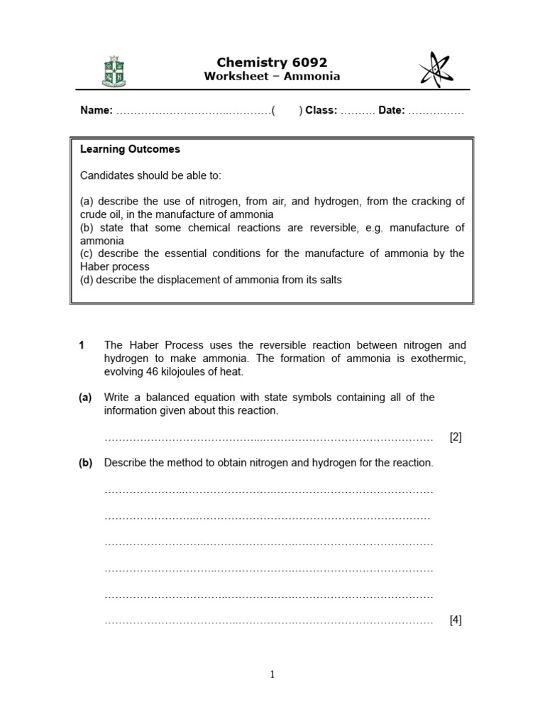 Worksheet - Ammonia | PDF | Ammonia | Nitrogen