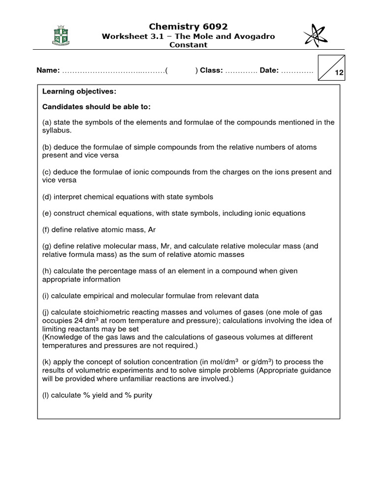 Sec 3 Chem Worksheet 3.1-Mole | PDF | Mole (Unit) | Gases