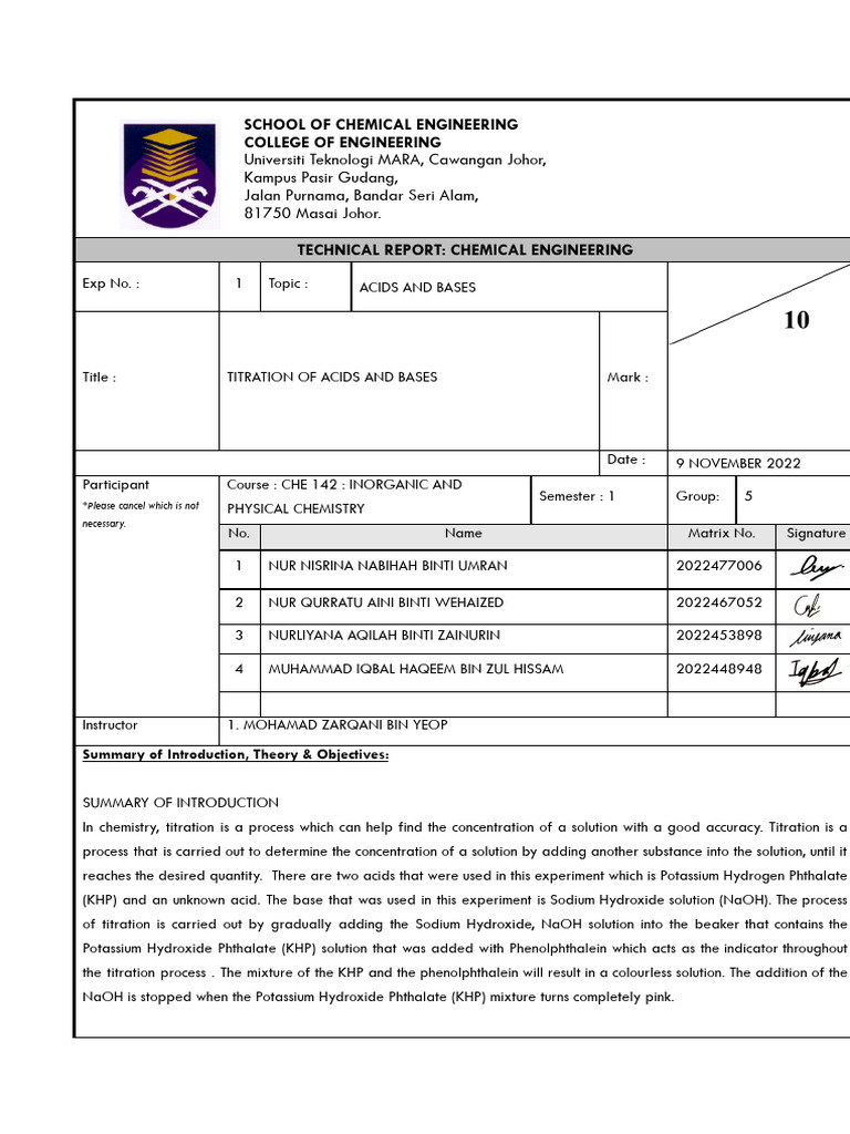 Lab Report CHE 142 EXP 1 - 1E - G5 | PDF | Mole (Unit) | Titration