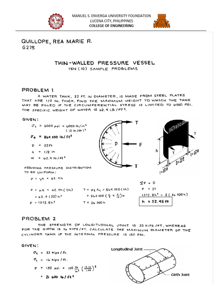 Thin-Walled Pressure Vessel - Sample Problems | PDF