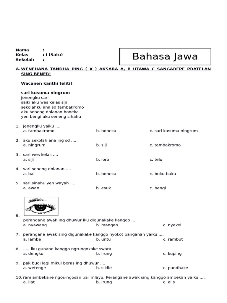 Kelas 1 Latihan Soal Bahasa Jawa | PDF