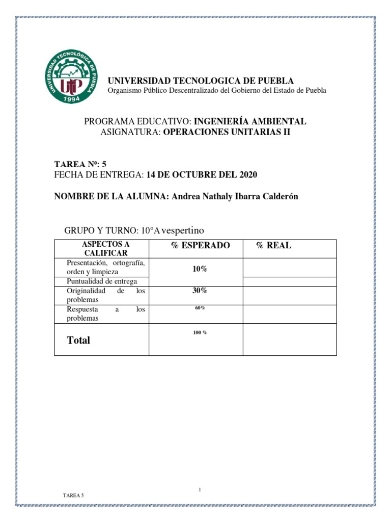 Tarea 5_Oper Unit | PDF | Ingeniería de Procesos | Cantidades fisicas