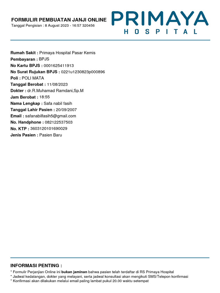2023 Aug 8 Safa Nabil Fasih Primaya Hospital Pasar Kemis | PDF