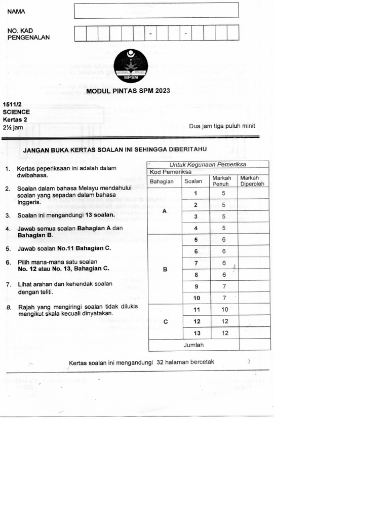 Trial Sains SPM PAHANG Kertas 2 2023 (1) | PDF