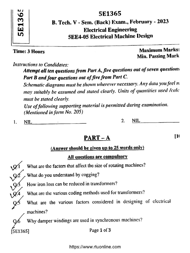 Btech Ee 5 Sem Electrical Machine Design 5e1365 Feb 2023 | PDF