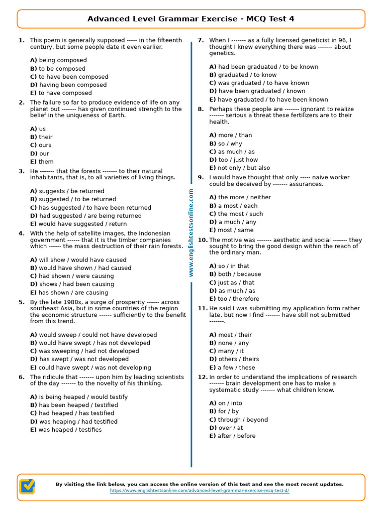 827 Advanced Level Grammar Exercise MCQ Test 4 | PDF | Language Arts ...