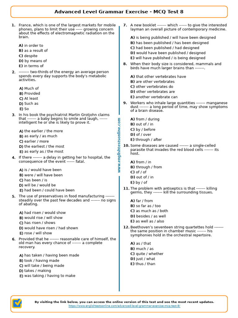 Advanced Grammar MCQ Test 8 | PDF