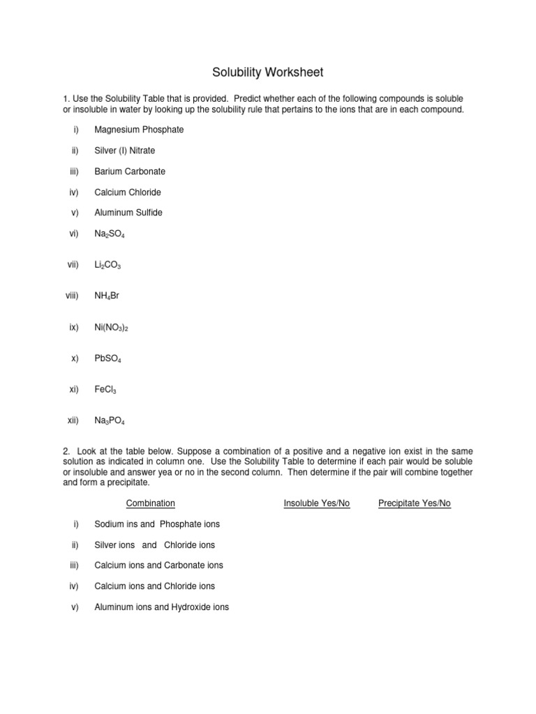 Solubility Worksheet | PDF